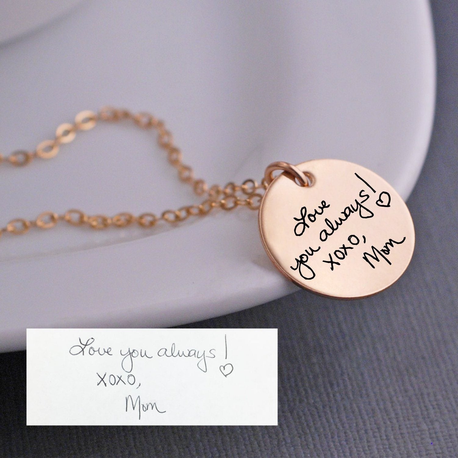 Custom Handwriting Necklace - Engraved Round Pendant Necklace - Love ...