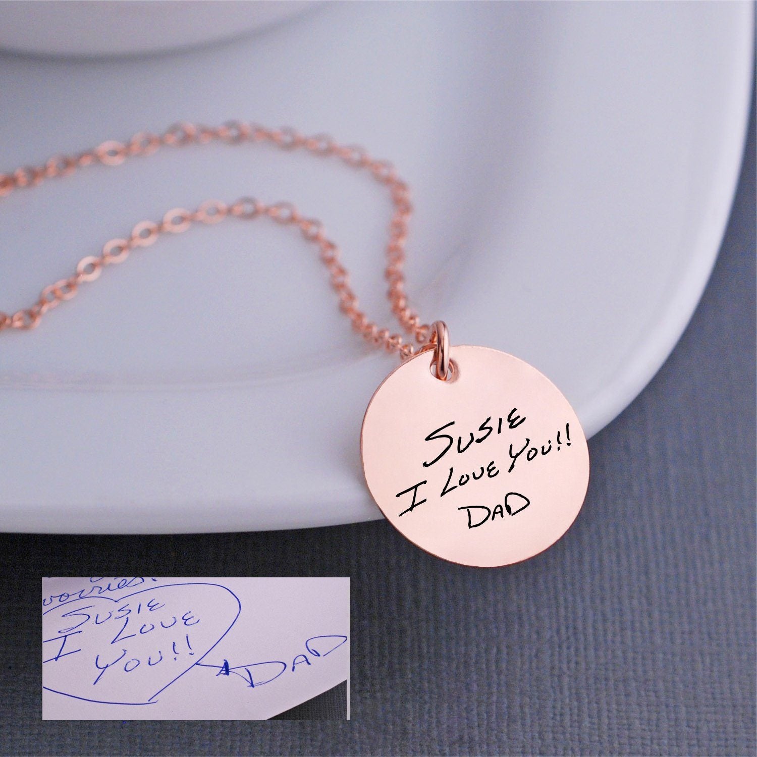 Custom Handwriting Necklace - Engraved Round Pendant Necklace - Love ...